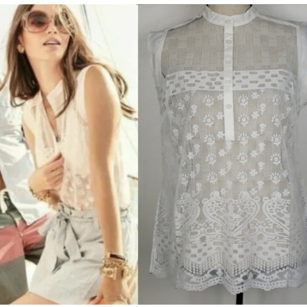 Cabi Prudence Sheer Ivory White Lace Sleeveless Blous… - Gem